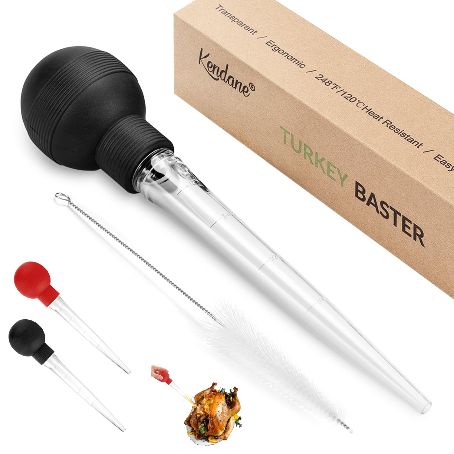 Kendane Turkey Baster With Cleaning Brush, Baster Syringe for Home Baking and Roaster Turkey, Include Detachable Food Grade Bulb with Double Scales for BBQ Grill Baking Kitchen Cooking