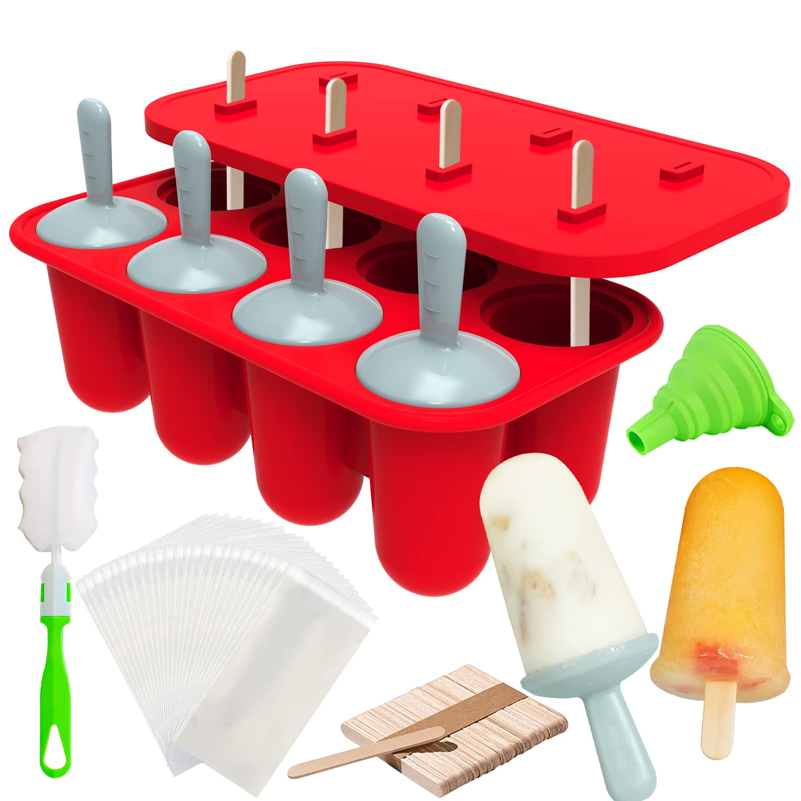 WIBIMEN Popsicle Mold Set, 8 Pieces Mini Silicone Popsicle Maker, BPA-Free Easy Release Homemade Ice Pop Molds, Ice Cream Molds with 50 Popsicle Sticks, 50 Popsicle Bags, 8 Reusable Popsicle Sticks