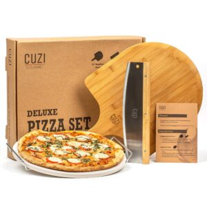 cuzi gourmet 4-piece large pizza stone set - 13" thermal shock resistant cordierite pizza stone with handle rack, 19" natural bamboo pizza peel & pizza cutter - large baking stone for grill and oven