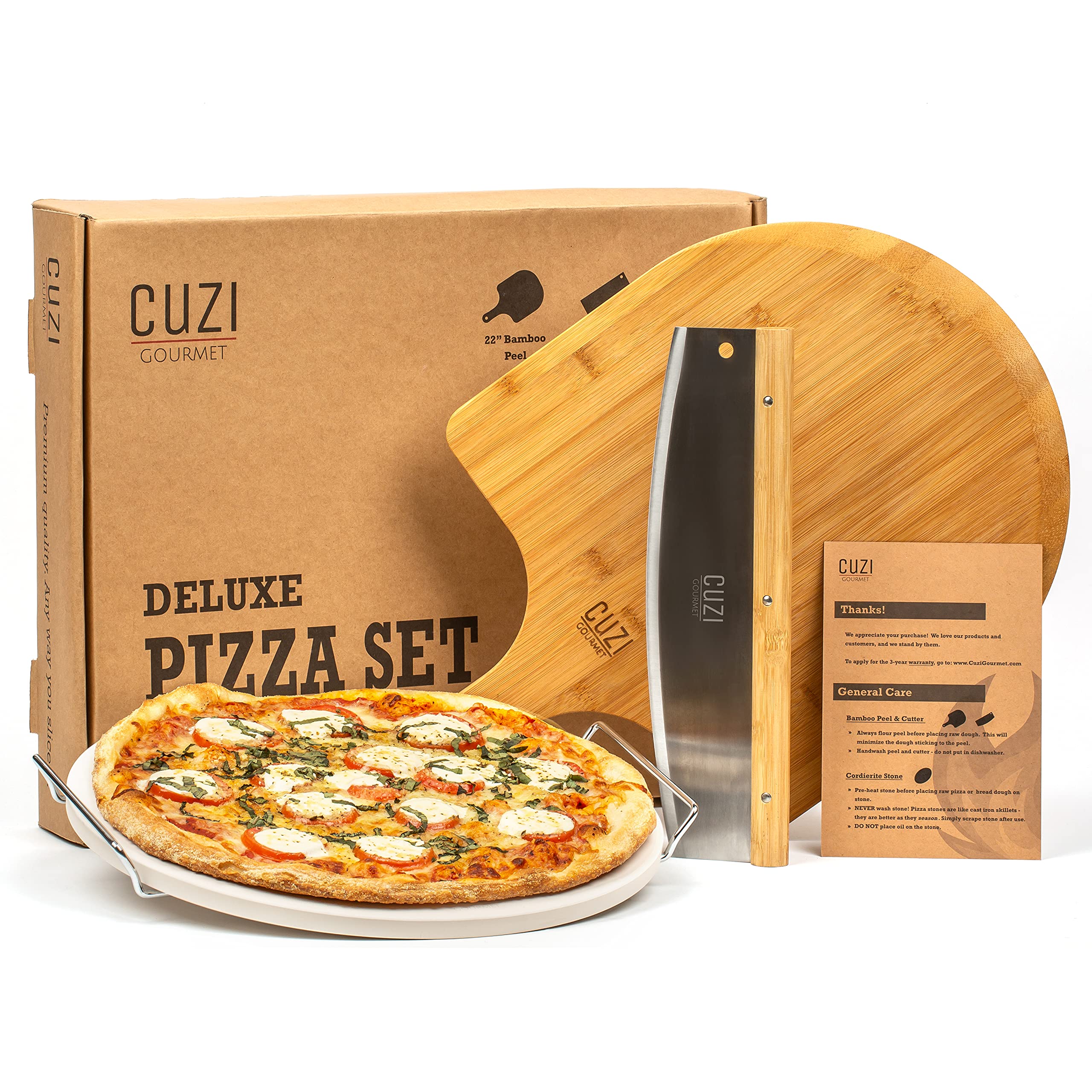 Cuzi Gourmet 4-Piece Large Pizza Stone Set - 13" Thermal Shock Resistant Cordierite Pizza Stone with Handle Rack, 19" Natural Bamboo Pizza Peel & Pizza Cutter - Large Baking Stone for Grill and Oven