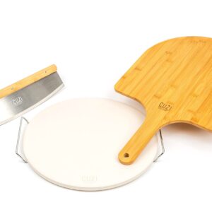 Cuzi Gourmet 4-Piece Large Pizza Stone Set - 13" Thermal Shock Resistant Cordierite Pizza Stone with Handle Rack, 19" Natural Bamboo Pizza Peel & Pizza Cutter - Large Baking Stone for Grill and Oven