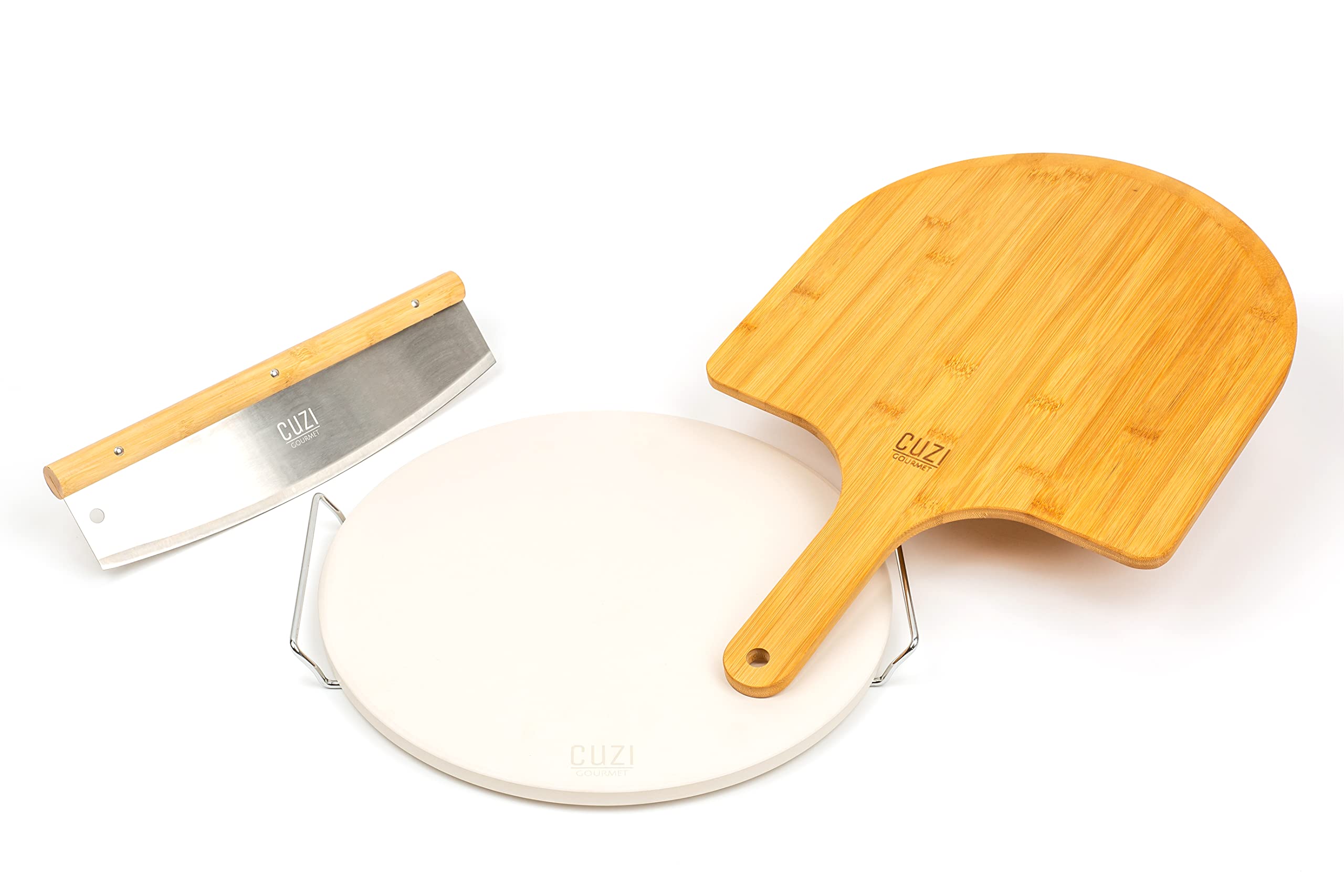 Cuzi Gourmet 4-Piece Large Pizza Stone Set - 13" Thermal Shock Resistant Cordierite Pizza Stone with Handle Rack, 19" Natural Bamboo Pizza Peel & Pizza Cutter - Large Baking Stone for Grill and Oven