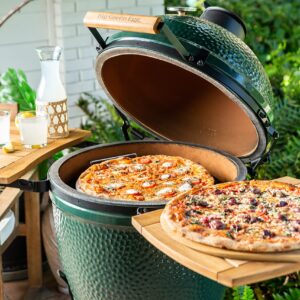 Cuzi Gourmet 4-Piece Large Pizza Stone Set - 13" Thermal Shock Resistant Cordierite Pizza Stone with Handle Rack, 19" Natural Bamboo Pizza Peel & Pizza Cutter - Large Baking Stone for Grill and Oven