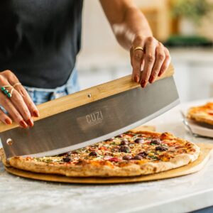 Cuzi Gourmet 4-Piece Large Pizza Stone Set - 13" Thermal Shock Resistant Cordierite Pizza Stone with Handle Rack, 19" Natural Bamboo Pizza Peel & Pizza Cutter - Large Baking Stone for Grill and Oven