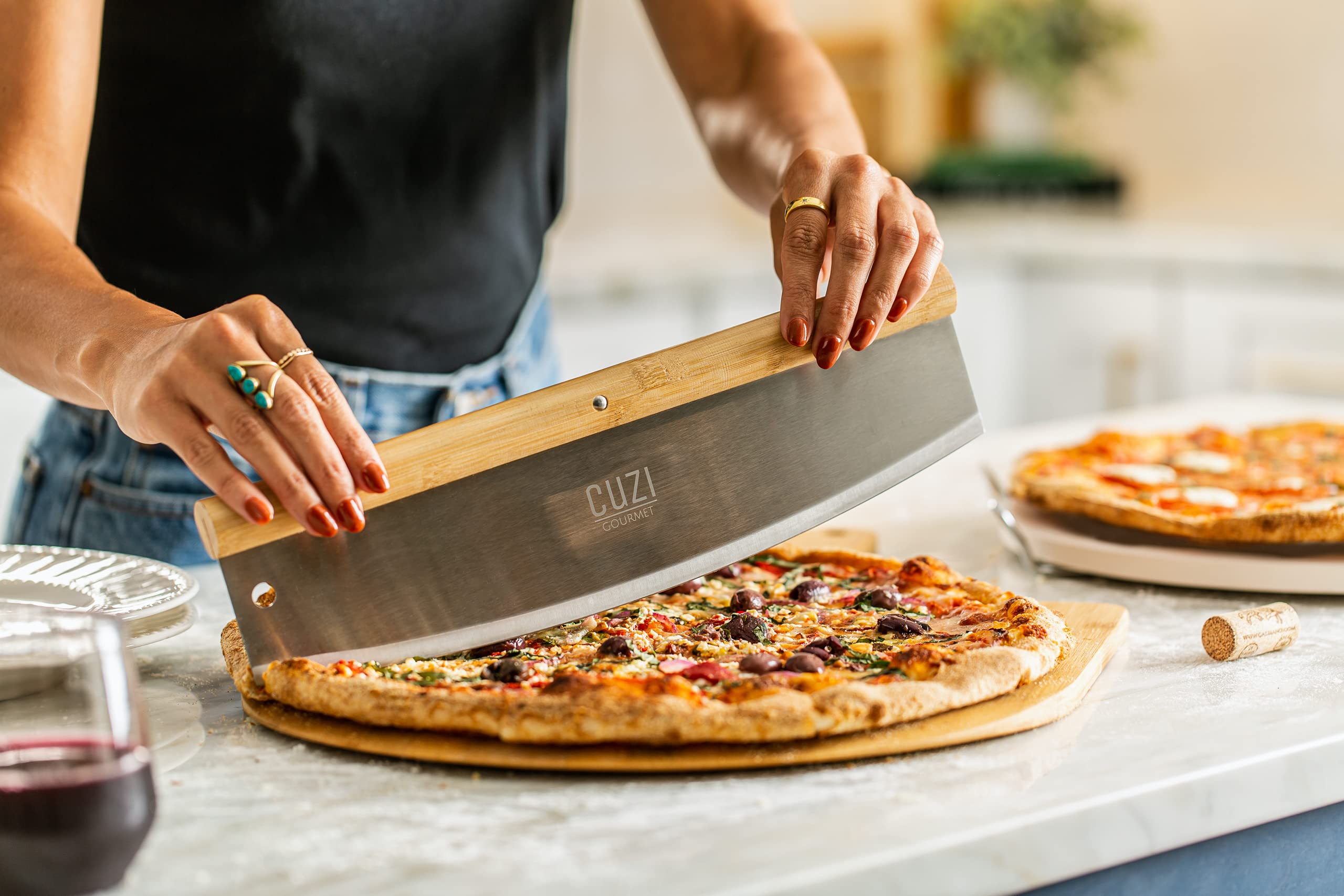 Cuzi Gourmet 4-Piece Large Pizza Stone Set - 13" Thermal Shock Resistant Cordierite Pizza Stone with Handle Rack, 19" Natural Bamboo Pizza Peel & Pizza Cutter - Large Baking Stone for Grill and Oven