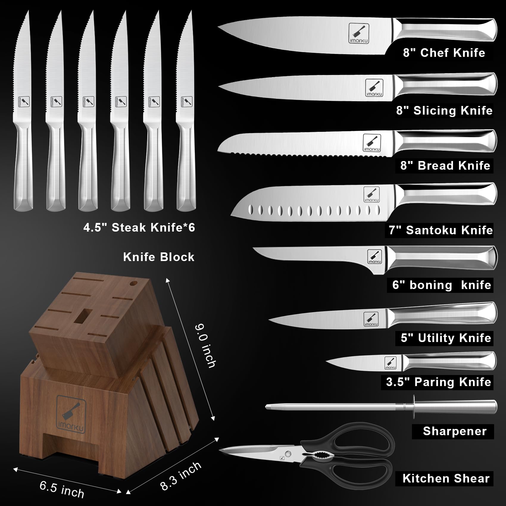 imarku Knife Set,16PC Premium Kitchen Knife Sets for Kitchen with Block,Japanese Stainless Steel Knife Block Set with Kitchen Sharpener,Dishwasher Safe (Brown)