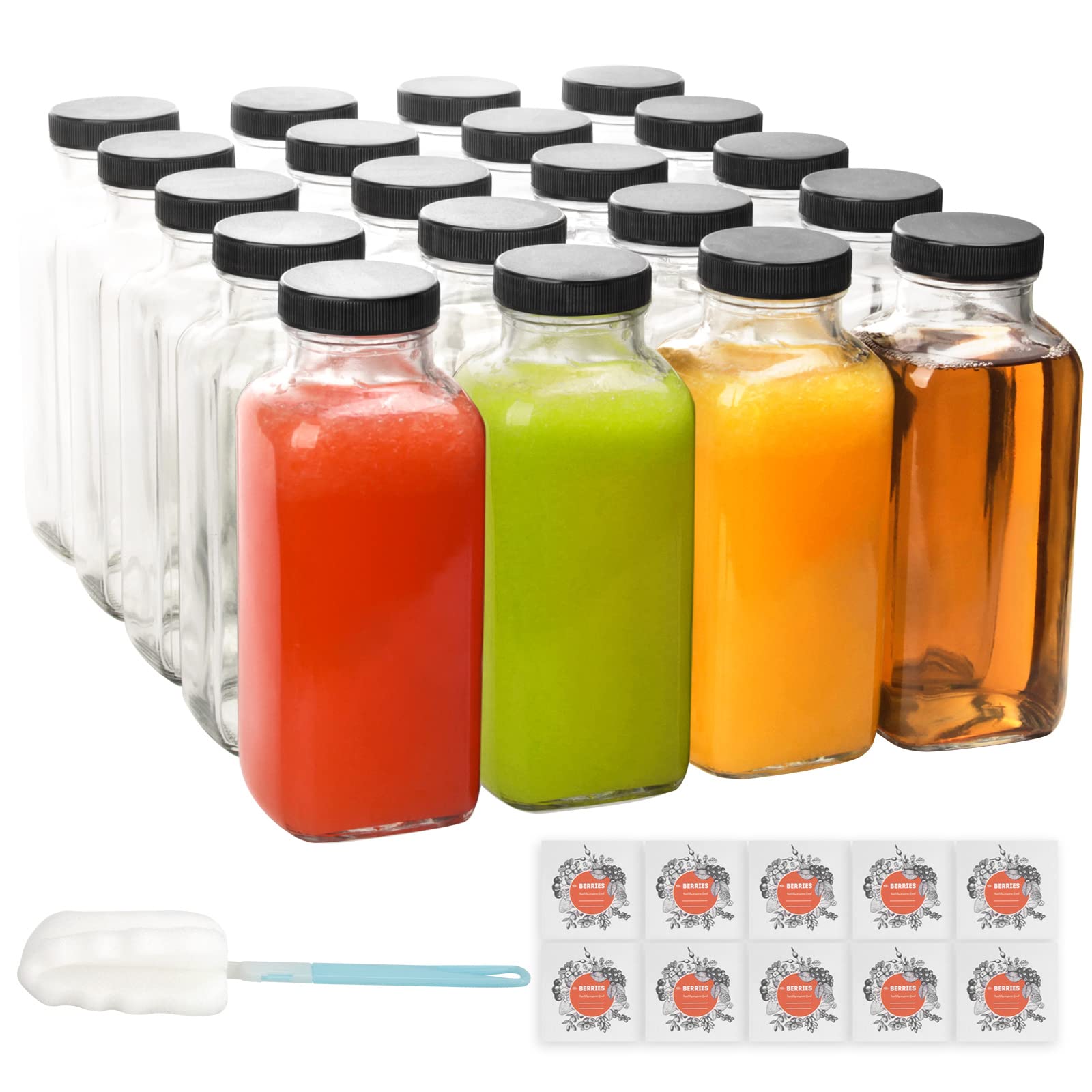 WERTIOO 12 oz Glass Juice Bottles, 20 Pack Glass Water Bottles with Caps Square Vintage Drink Bottles with Labels and Brush for Storage Juicing, Milk, Tea, Kombucha