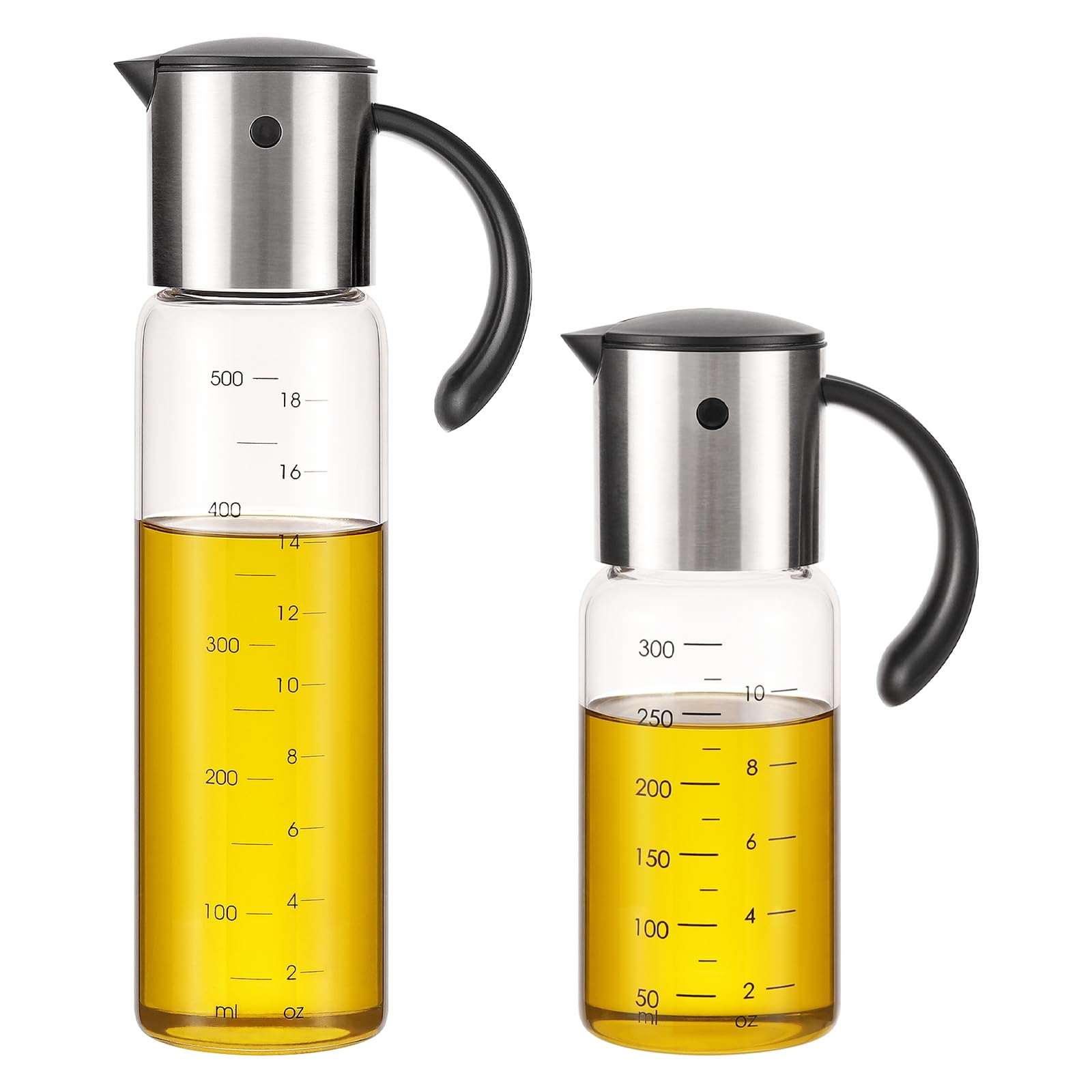 Vucchini Large Olive Oil Dispenser Bottle Kitchen Cooking Oil Dispenser Auto Flip Oil Container-Stainless Steel Leakproof Vinegar Glass Cruet (10oz and 18oz Set)