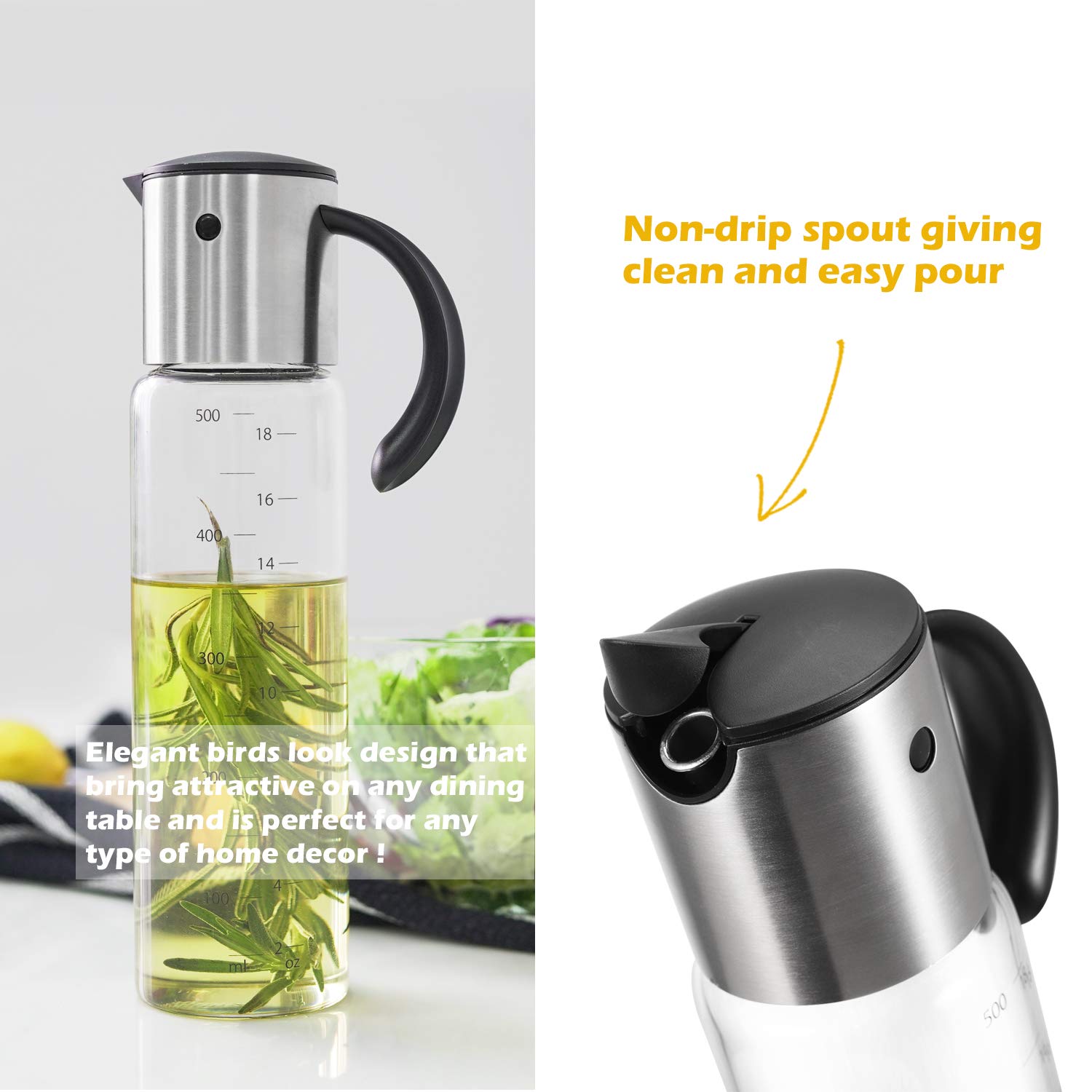 Vucchini Large Olive Oil Dispenser Bottle Kitchen Cooking Oil Dispenser Auto Flip Oil Container-Stainless Steel Leakproof Vinegar Glass Cruet (10oz and 18oz Set)