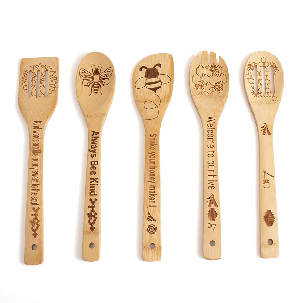 Bee Wooden Spoons for Cooking Utensils Set,Wooden Spatula Honey Bee Decor,Premium Bee Kitchen Decor and Accessories,Honey Bee Gifts for Women,Mothers Day Gifts,Housewarming Gifts(Set of 5)