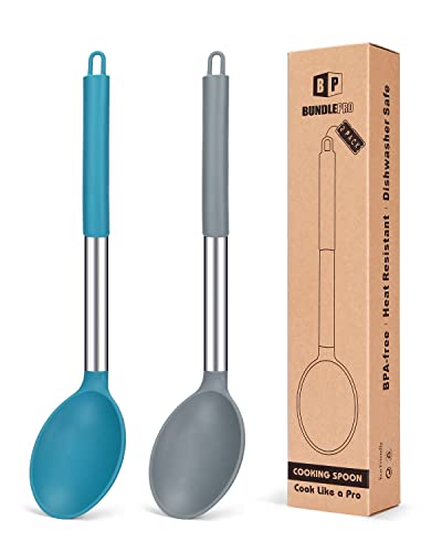 Pack of 2 Large Silicone Cooking Spoon Non Stick Solid Basting Spoons Heat-Resistant Kitchen Utensils for Mixing Serving (Gray-Blue)