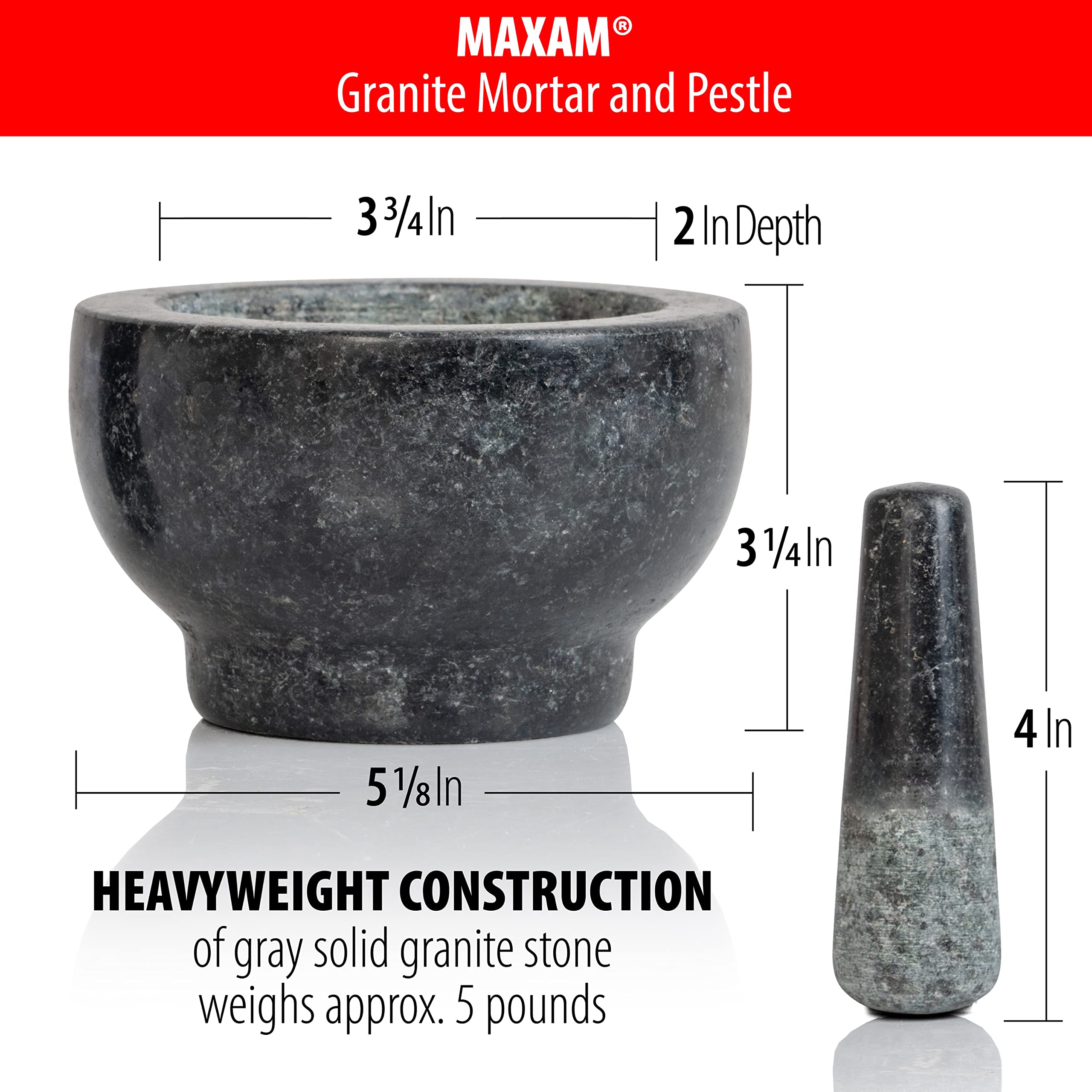 Maxam Mortar and Pestle Set - 5 Inch - Heavy Natural Granite Spice Grinder Bowl, Herb Crusher, Make Fresh Guacamole at Home