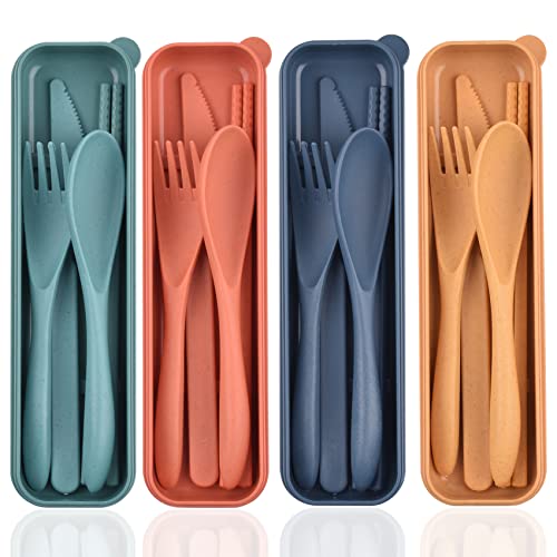 Reusable Utensils Set with Case, 4 Sets Wheat Straw Travel Cutlery Set, Portable Spoon Knife Fork Chopsticks Lunch Box Utensil Set for Kids Adults