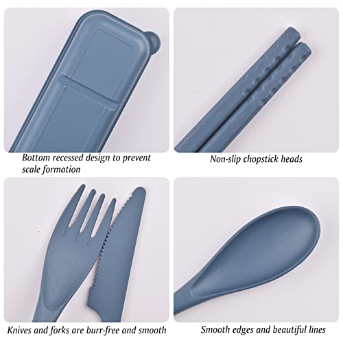 Reusable Utensils Set with Case, 4 Sets Wheat Straw Travel Cutlery Set, Portable Spoon Knife Fork Chopsticks Lunch Box Utensil Set for Kids Adults