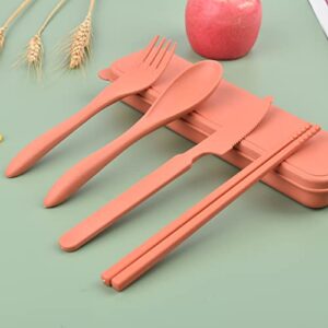 Reusable Utensils Set with Case, 4 Sets Wheat Straw Travel Cutlery Set, Portable Spoon Knife Fork Chopsticks Lunch Box Utensil Set for Kids Adults