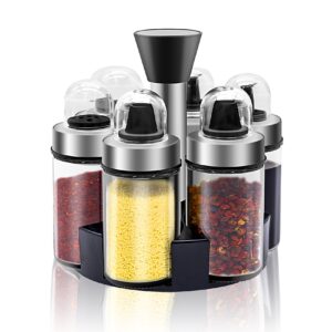 mlici oil and vinegar dispenser set of 6 bottles, stainless steel salt pepper holder with 360° rotating holder, cruet soy sauce - premium glass condiment for kitchen, tabletop