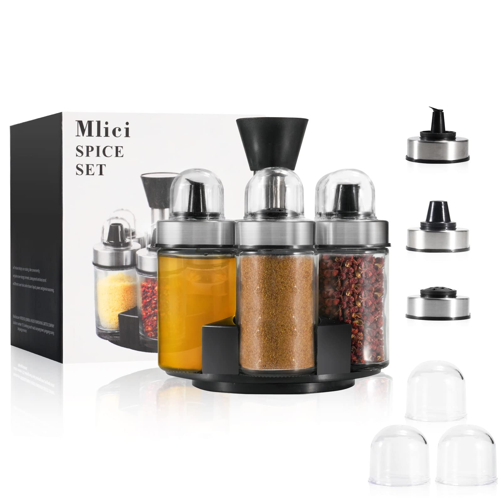 Mlici Oil and Vinegar Dispenser Set of 6 Bottles, Stainless Steel Salt Pepper Holder with 360° Rotating Holder, Cruet Soy Sauce - Premium Glass Condiment for Kitchen, Tabletop