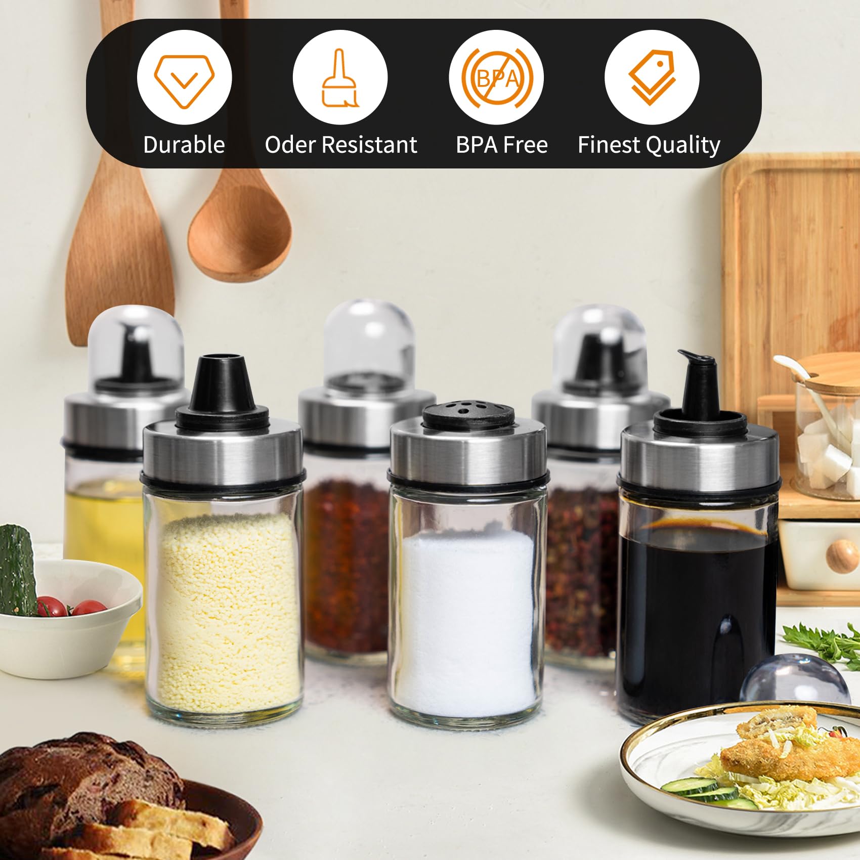 Mlici Oil and Vinegar Dispenser Set of 6 Bottles, Stainless Steel Salt Pepper Holder with 360° Rotating Holder, Cruet Soy Sauce - Premium Glass Condiment for Kitchen, Tabletop