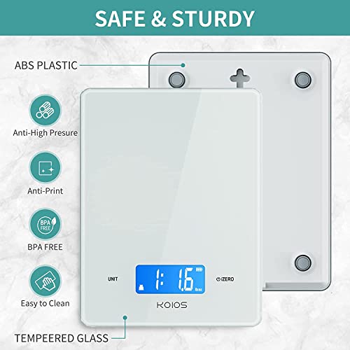 KOIOS 11lb/5kg Small Accurate Food Scale for Kitchen, Waterproof USB Plug in Rechargeable Digital Kitchen Scale, Digital Food Kitchen Scale for Weight Loss, Food Scale for Baking Dieting, White