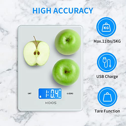 KOIOS 11lb/5kg Small Accurate Food Scale for Kitchen, Waterproof USB Plug in Rechargeable Digital Kitchen Scale, Digital Food Kitchen Scale for Weight Loss, Food Scale for Baking Dieting, White