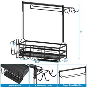 BBQ and Grill Caddy with Paper Towel Holder, Iron Steel Handle & 4 Hooks – Camper Accessories Condiment Caddy – Plates, Cutlery and BBQ Organizer for Camping Outdoor Grilling Tool Accessories