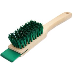 scrubbing brush heavy duty, stiff bristle brush with scraper - wooden scrub brush, bristle brush for cleaning, lawn mower deck scraper, mower cleaning tool, universal outdoor scrub brush with handle