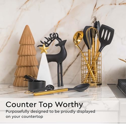 Black and Gold Kitchen Utensils Set with Holder - 7PC Gold Cooking Utensils Set Includes Black Silicone Cooking Utensils Set and Gold Utensil Holder - Gold Kitchen Accessories