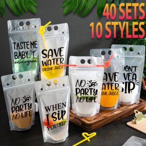 40 Sets Drink Pouches for Adults with Straws,Plastic Drink Bags with Zipper Party Beverage Bags,Bachelorette Party favors juice Party pouches for adults(10 Styles)