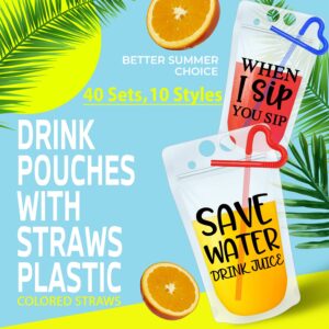 40 Sets Drink Pouches for Adults with Straws,Plastic Drink Bags with Zipper Party Beverage Bags,Bachelorette Party favors juice Party pouches for adults(10 Styles)