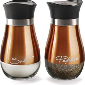 Circleware Cafe Contempo Elegant Glass Salt and Pepper Shakers Dispenser, Clear Bottom Jar Bottle Container with Stainless Steel Top, Perfect for Himalayan Seasoning Herbs Spices, 4.4 oz, Copper