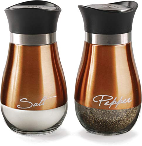 Circleware Cafe Contempo Elegant Glass Salt and Pepper Shakers Dispenser, Clear Bottom Jar Bottle Container with Stainless Steel Top, Perfect for Himalayan Seasoning Herbs Spices, 4.4 oz, Copper