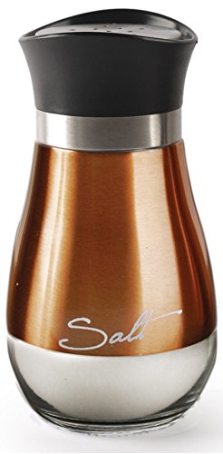 Circleware Cafe Contempo Elegant Glass Salt and Pepper Shakers Dispenser, Clear Bottom Jar Bottle Container with Stainless Steel Top, Perfect for Himalayan Seasoning Herbs Spices, 4.4 oz, Copper