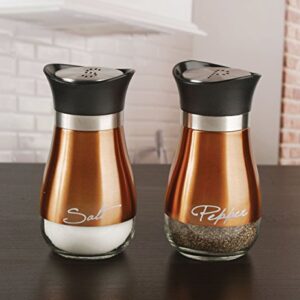 Circleware Cafe Contempo Elegant Glass Salt and Pepper Shakers Dispenser, Clear Bottom Jar Bottle Container with Stainless Steel Top, Perfect for Himalayan Seasoning Herbs Spices, 4.4 oz, Copper