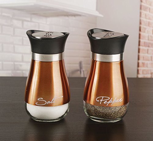 Circleware Cafe Contempo Elegant Glass Salt and Pepper Shakers Dispenser, Clear Bottom Jar Bottle Container with Stainless Steel Top, Perfect for Himalayan Seasoning Herbs Spices, 4.4 oz, Copper