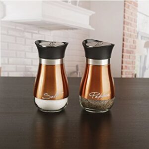 Circleware Cafe Contempo Elegant Glass Salt and Pepper Shakers Dispenser, Clear Bottom Jar Bottle Container with Stainless Steel Top, Perfect for Himalayan Seasoning Herbs Spices, 4.4 oz, Copper