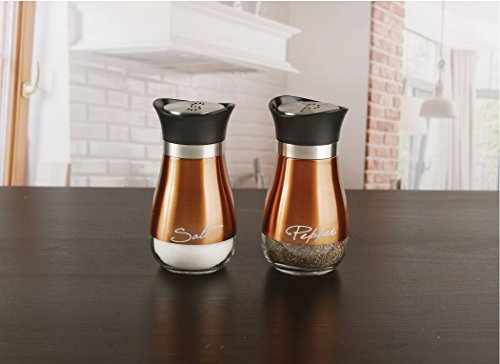 Circleware Cafe Contempo Elegant Glass Salt and Pepper Shakers Dispenser, Clear Bottom Jar Bottle Container with Stainless Steel Top, Perfect for Himalayan Seasoning Herbs Spices, 4.4 oz, Copper