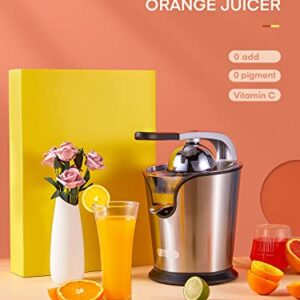 FOHERE Citrus Juicer Electric Orange Juicer with Humanized Handle and Two Size Cones for Grapefruits, Orange and Lemon, Powerful 160W Silent Motor Stainless Steel BPA-Free, Silver