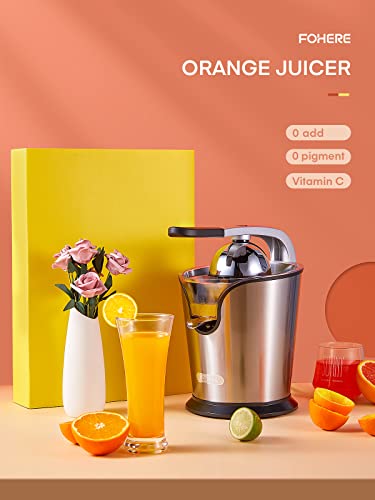 FOHERE Citrus Juicer Electric Orange Juicer with Humanized Handle and Two Size Cones for Grapefruits, Orange and Lemon, Powerful 160W Silent Motor Stainless Steel BPA-Free, Silver