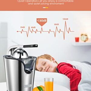 FOHERE Citrus Juicer Electric Orange Juicer with Humanized Handle and Two Size Cones for Grapefruits, Orange and Lemon, Powerful 160W Silent Motor Stainless Steel BPA-Free, Silver