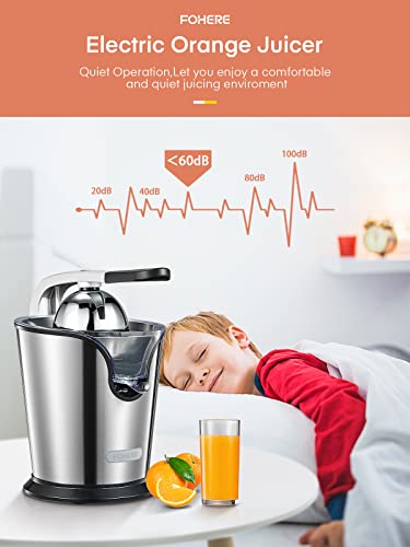 FOHERE Citrus Juicer Electric Orange Juicer with Humanized Handle and Two Size Cones for Grapefruits, Orange and Lemon, Powerful 160W Silent Motor Stainless Steel BPA-Free, Silver