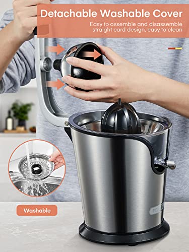 FOHERE Citrus Juicer Electric Orange Juicer with Humanized Handle and Two Size Cones for Grapefruits, Orange and Lemon, Powerful 160W Silent Motor Stainless Steel BPA-Free, Silver