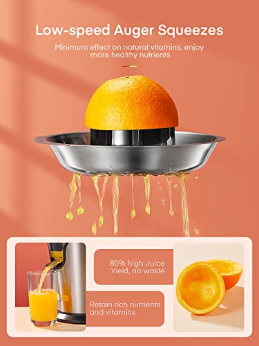 FOHERE Citrus Juicer Electric Orange Juicer with Humanized Handle and Two Size Cones for Grapefruits, Orange and Lemon, Powerful 160W Silent Motor Stainless Steel BPA-Free, Silver