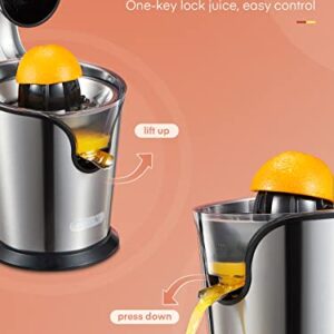 FOHERE Citrus Juicer Electric Orange Juicer with Humanized Handle and Two Size Cones for Grapefruits, Orange and Lemon, Powerful 160W Silent Motor Stainless Steel BPA-Free, Silver