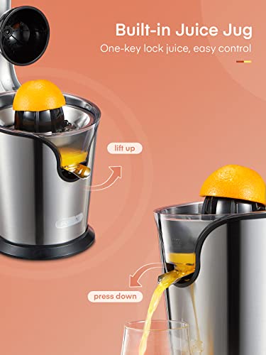 FOHERE Citrus Juicer Electric Orange Juicer with Humanized Handle and Two Size Cones for Grapefruits, Orange and Lemon, Powerful 160W Silent Motor Stainless Steel BPA-Free, Silver