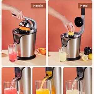 FOHERE Citrus Juicer Electric Orange Juicer with Humanized Handle and Two Size Cones for Grapefruits, Orange and Lemon, Powerful 160W Silent Motor Stainless Steel BPA-Free, Silver