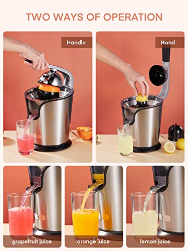 FOHERE Citrus Juicer Electric Orange Juicer with Humanized Handle and Two Size Cones for Grapefruits, Orange and Lemon, Powerful 160W Silent Motor Stainless Steel BPA-Free, Silver