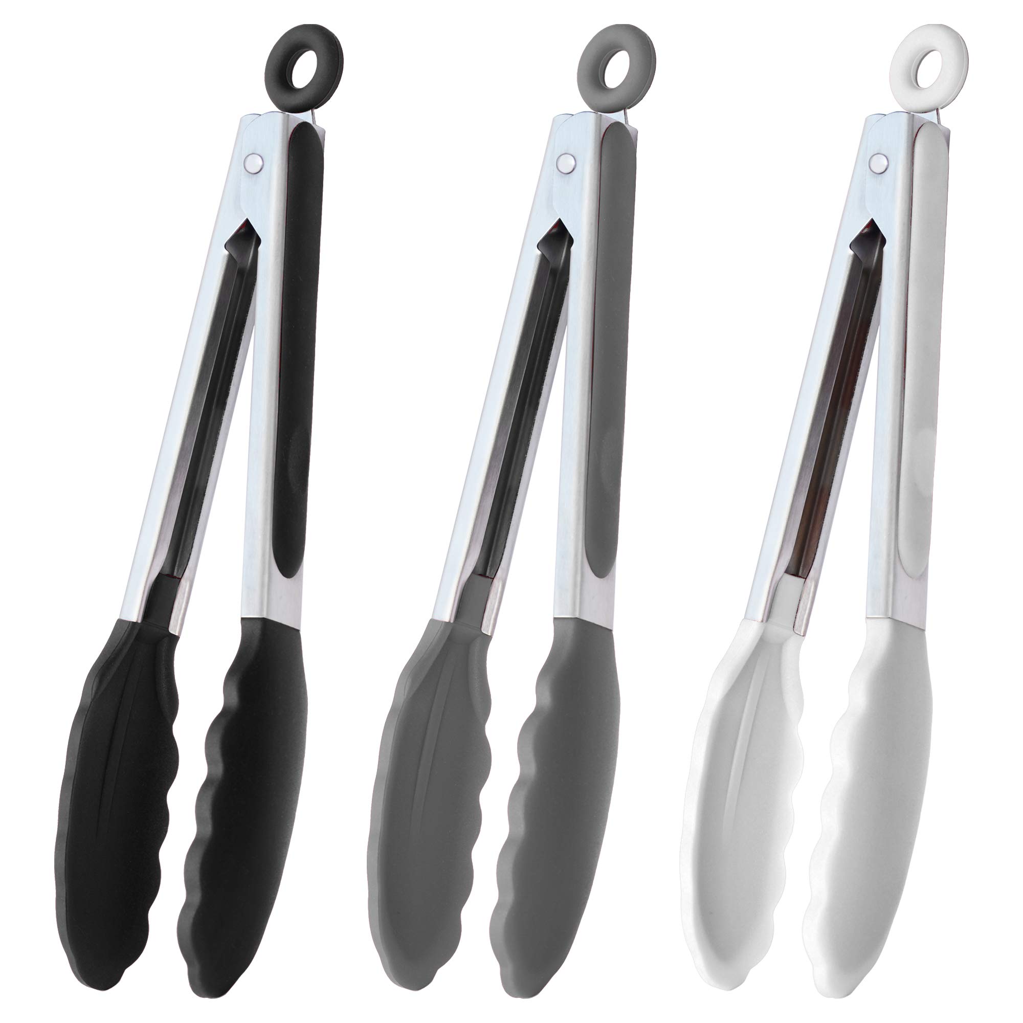 HINMAY 9-Inch Kitchen Cooking Tongs with Silicone Tips, Set of 3 (Black White Gray)