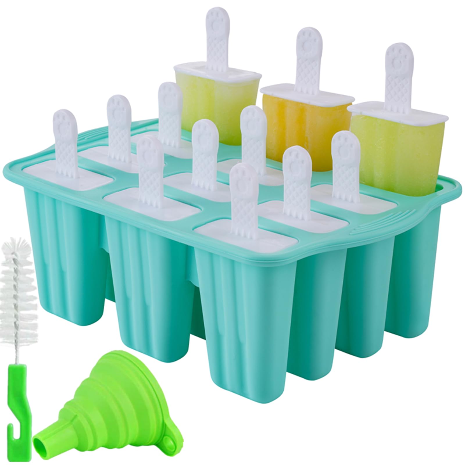 Popsicle Molds, 12 Pieces Silicone Ice Pop Molds Popsicle Mold Silicone BPA Free Reusable Sticks Easy Release Ice Pop Make (12 Cavities, Green)