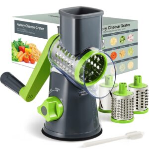 cheese grater with handle, kitchen manual cheese shredder with 3 interchangeable blades, rotary cheese grater handheld with strong suction base, vegetable slicer nuts grinder with clean brush