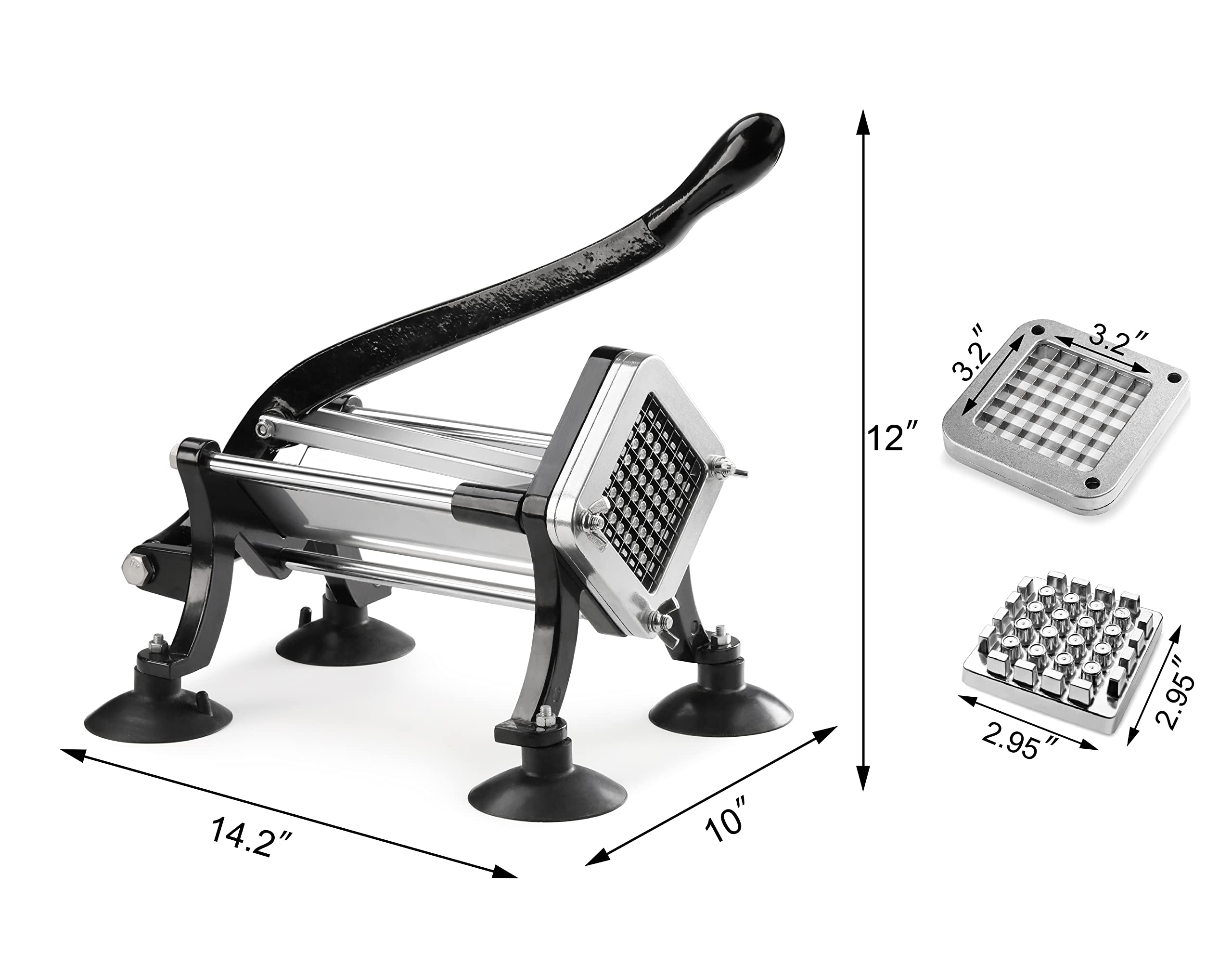 New Star Foodservice 43204 Commercial Grade French Fry Cutter with Suction Feet, 1/2 Inch and 3/8 Inch Blades, Limited Edition Black